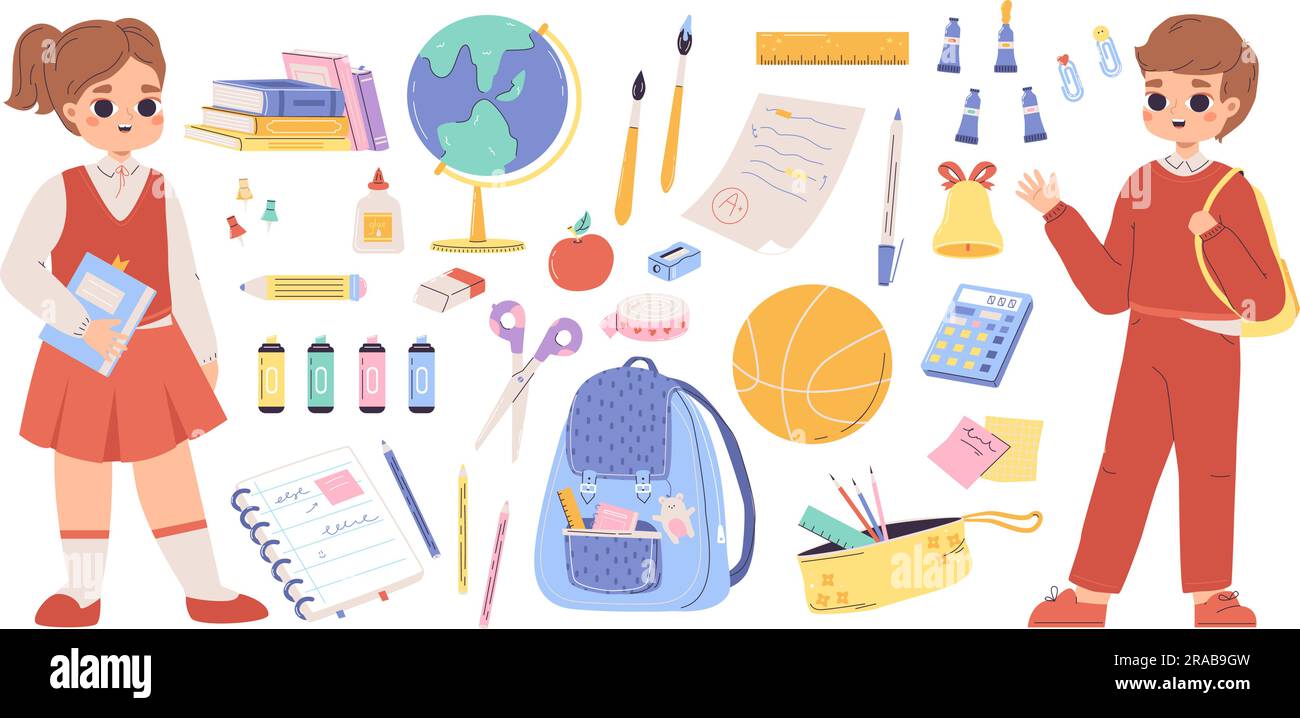 School education stationery. Books stack, paint brush and calculator ...