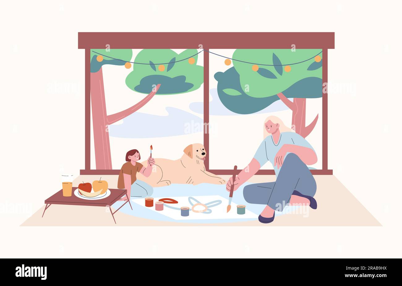 Mother and daughter drawing together. Rest in family, free time with ...