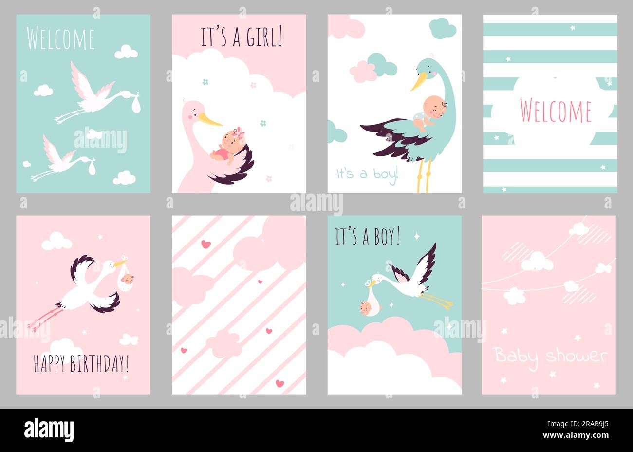 Baby shower party invitations and wishes printable cards. Cartoon stork ...