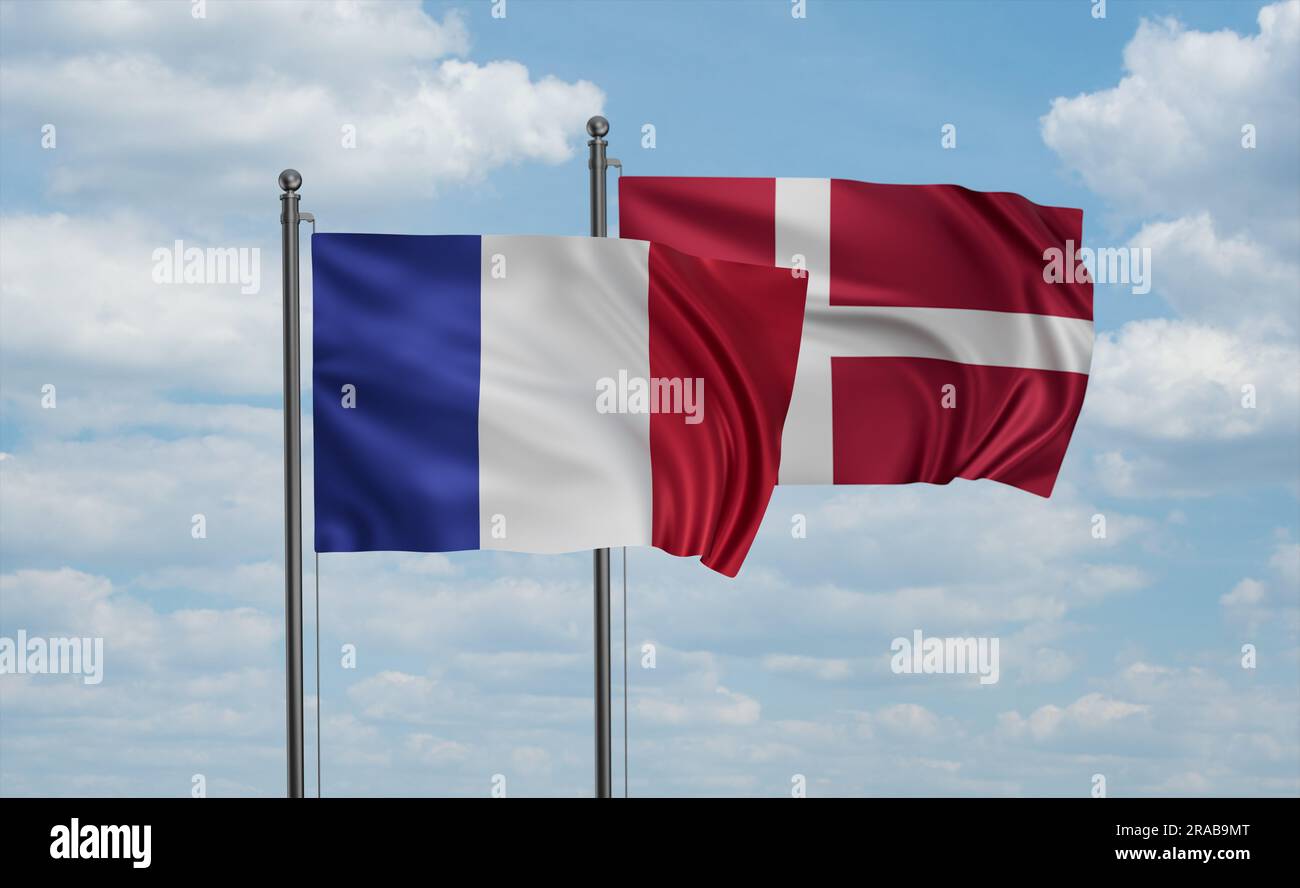Denmark flag and France flag waving together on blue sky, two country ...