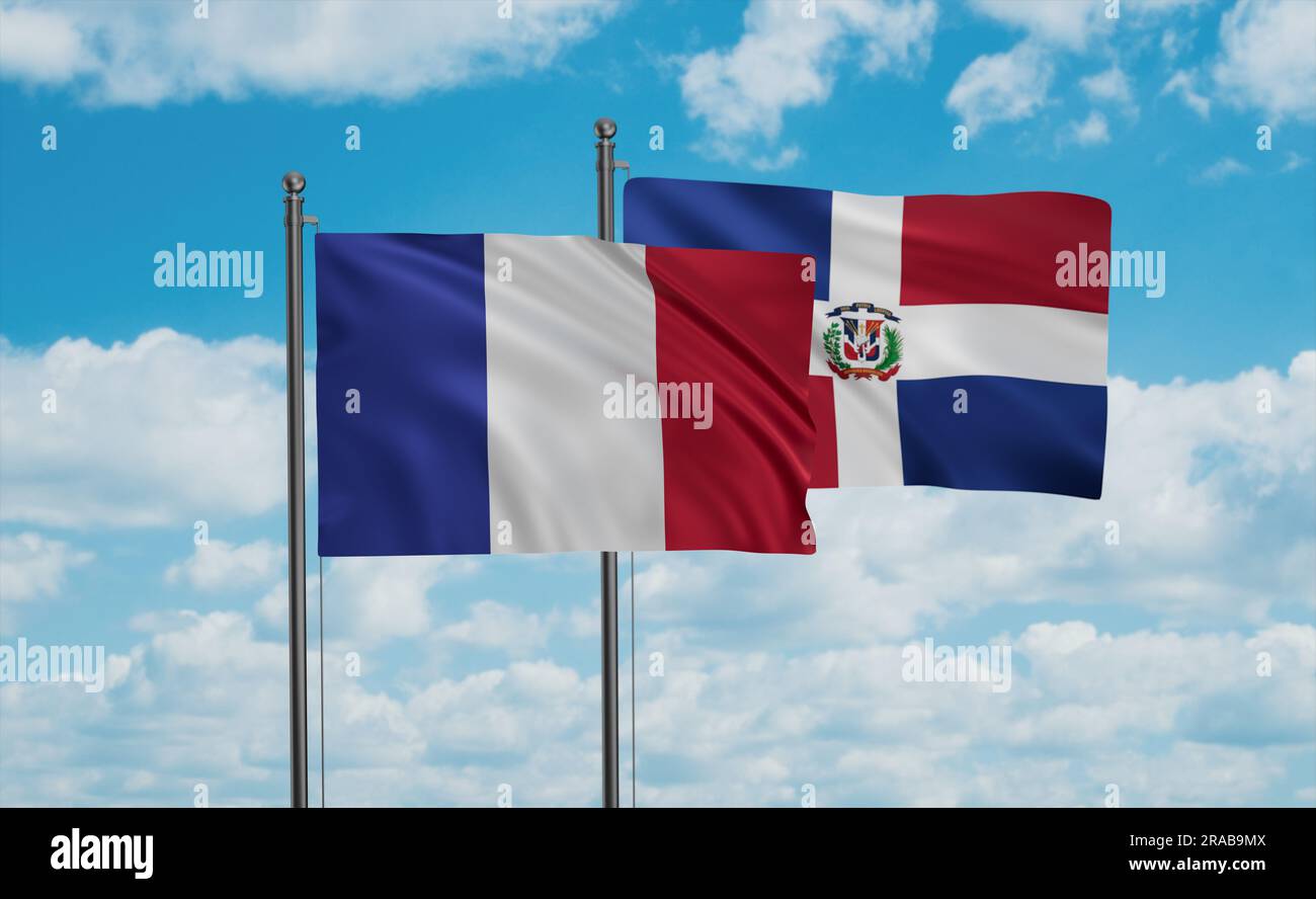 Dominican Republic flag and France flag waving together on blue sky ...