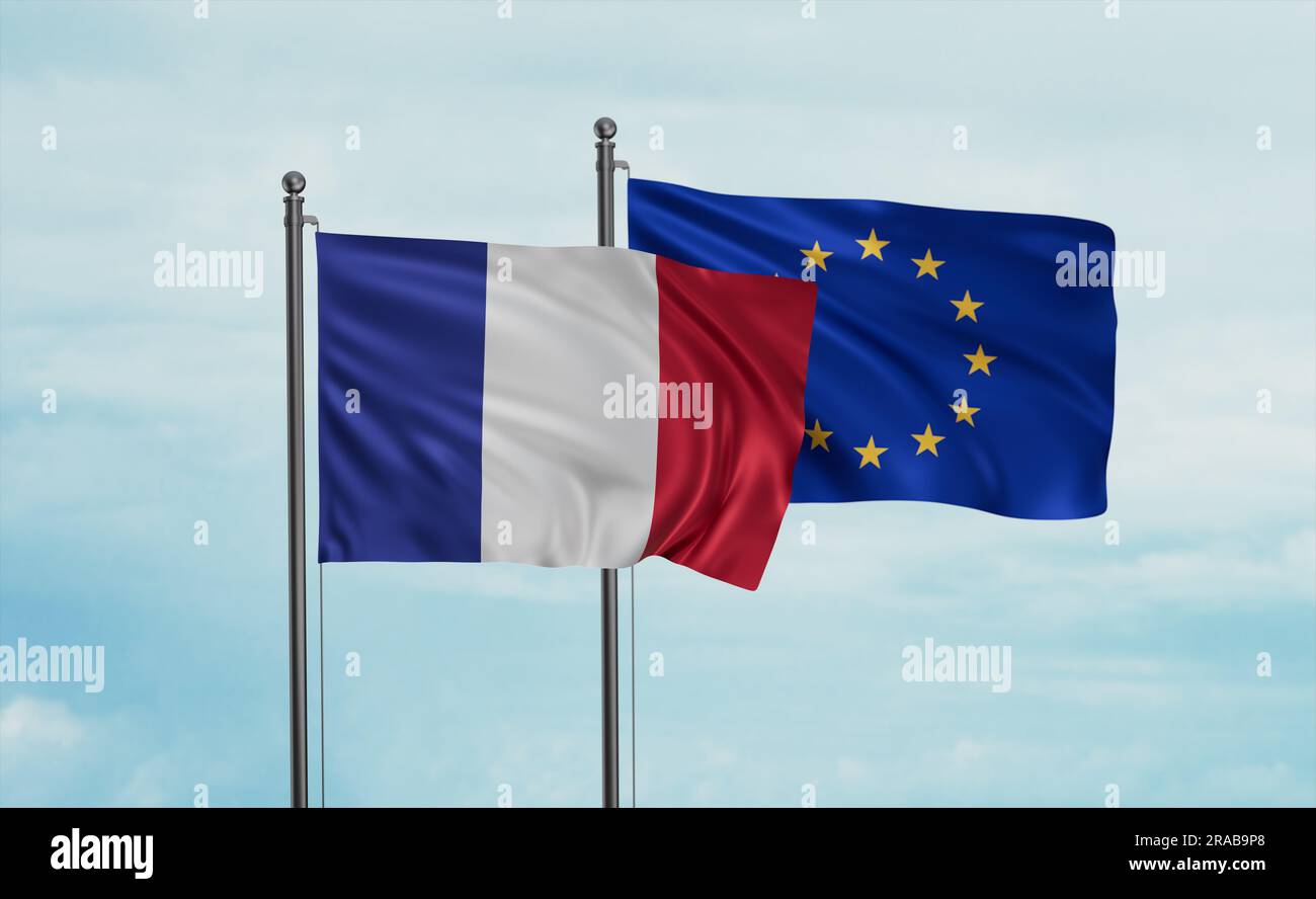 European Union and France flag waving together in the wind on blue sky ...