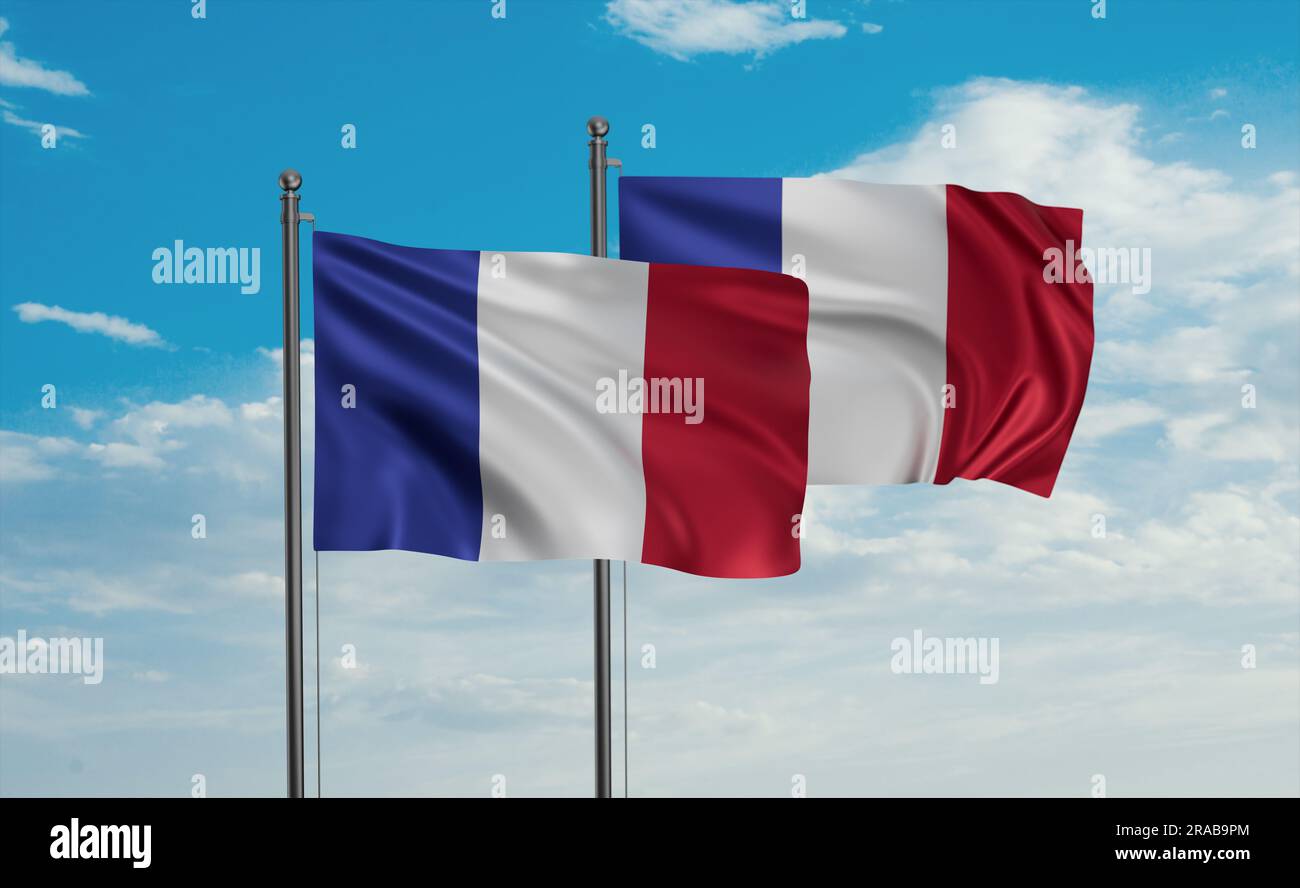 Two France flags waving together on blue sky, two country cooperation ...