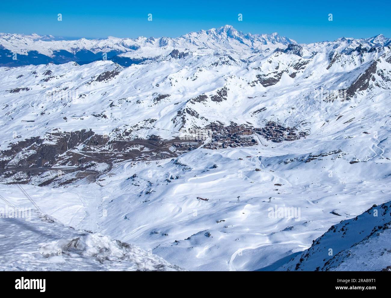 Aerial view from Cime Caron of the ski resort of Val Thorens, three ...