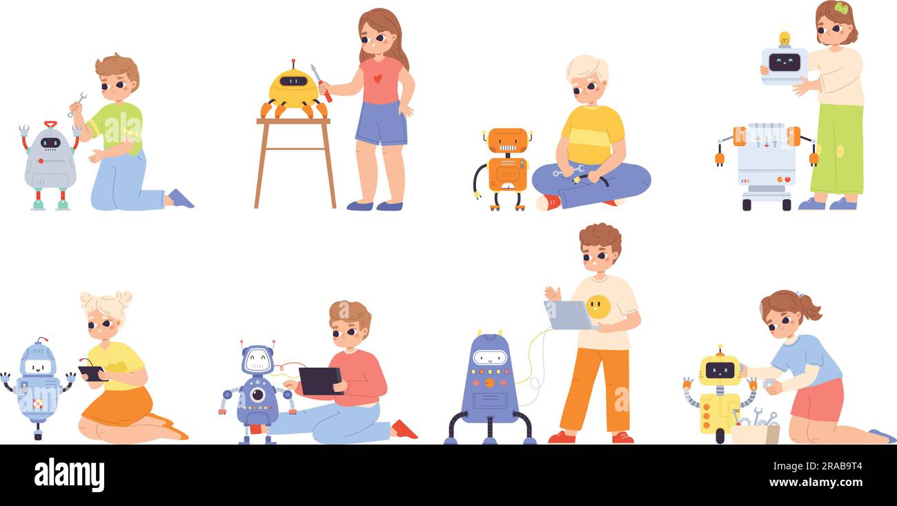 Children and robots, happy kids modeling robot and projecting mechanical toys. Little girl boy ...