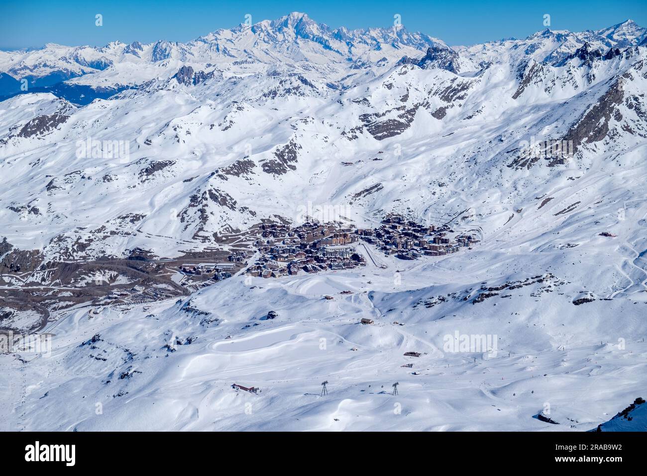 Aerial view from Cime Caron of the ski resort of Val Thorens, three ...