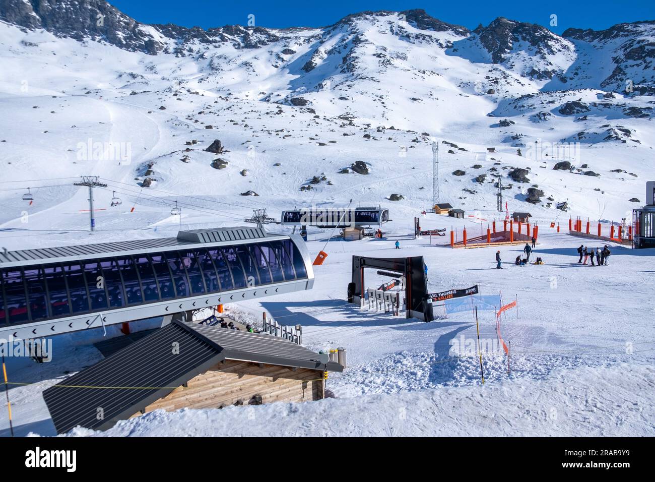 Orelle ski resort and the Cime Caron gondola lift station in winter ...