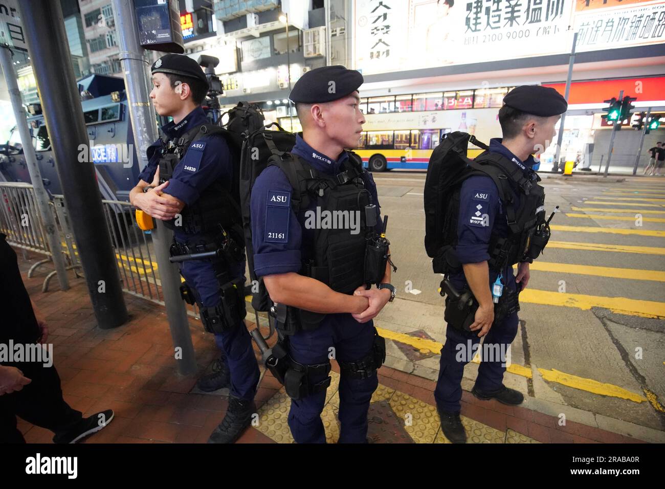 Hong Kong, China. 01st July, 2023. Police officers with full gear stand ...