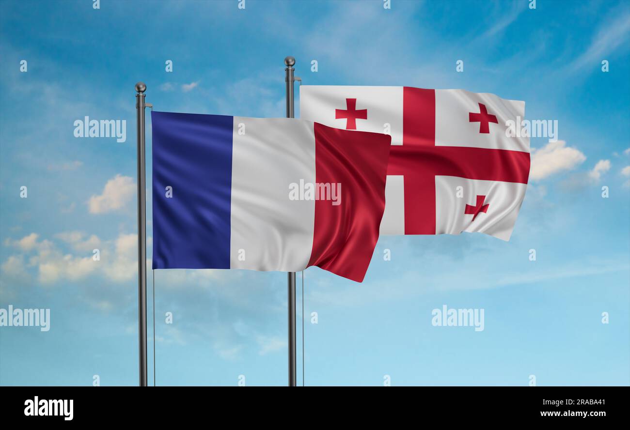 Georgia flag and France flag waving together on blue sky, two country ...