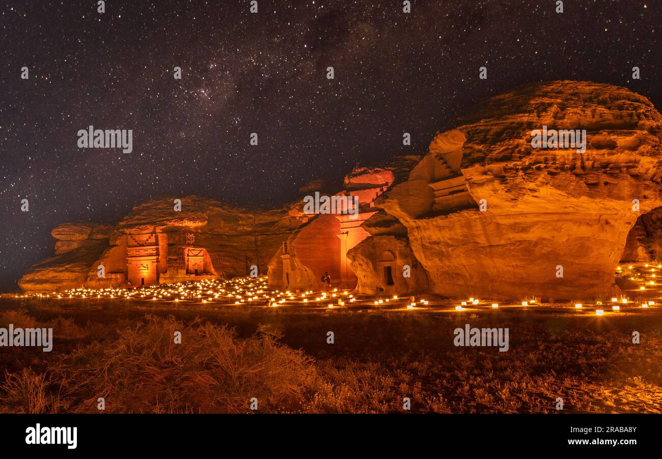 Starlight sky over the ancient nabataean tombs of Hegra city ...