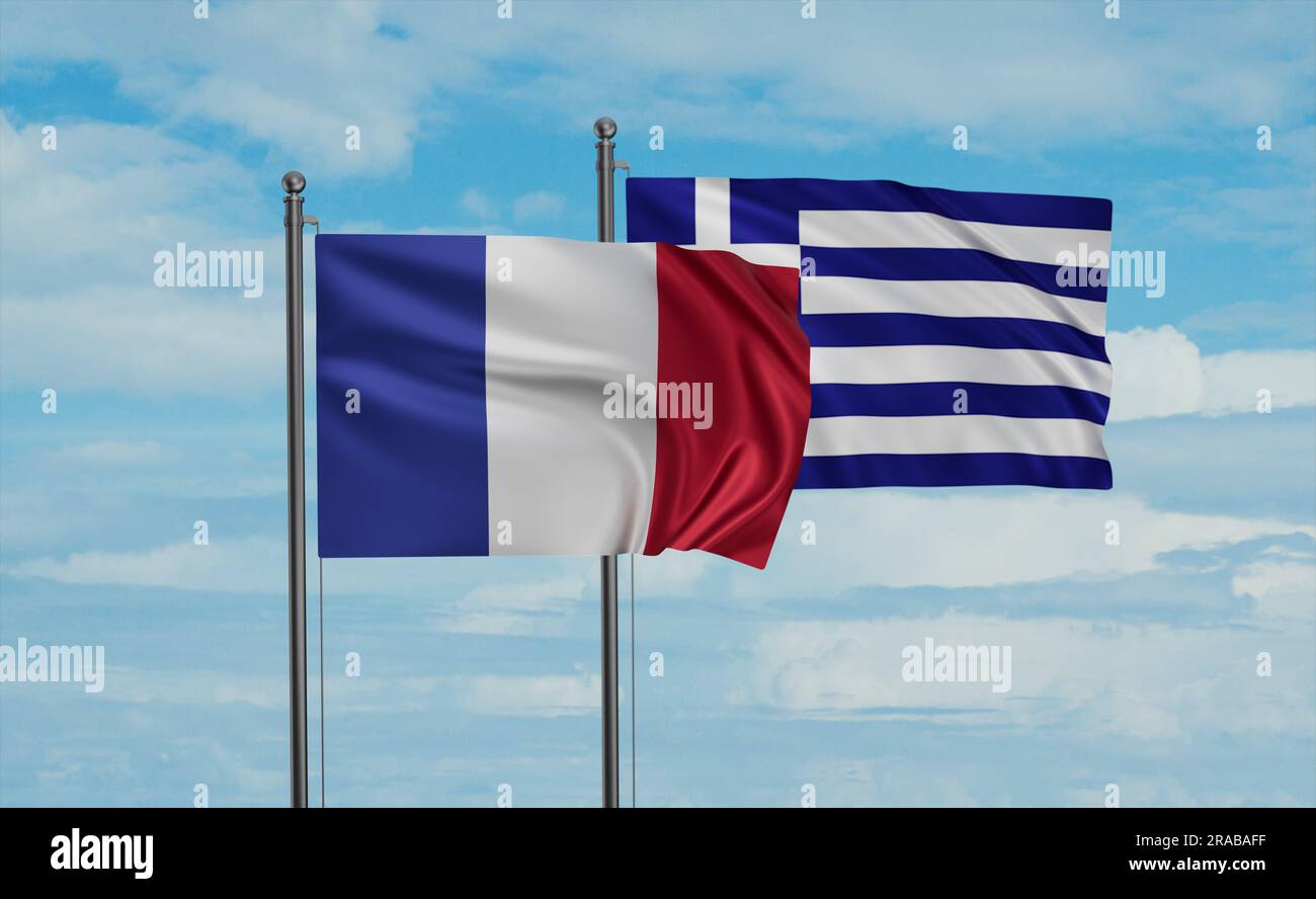 Greece flag and France flag waving together on blue sky, two country cooperation concept Stock ...