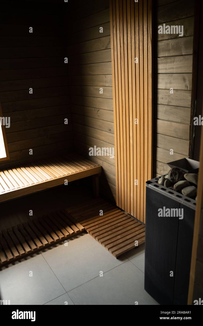 Interior of wooden Finnish sauna. classic wood sauna Stock Photo - Alamy