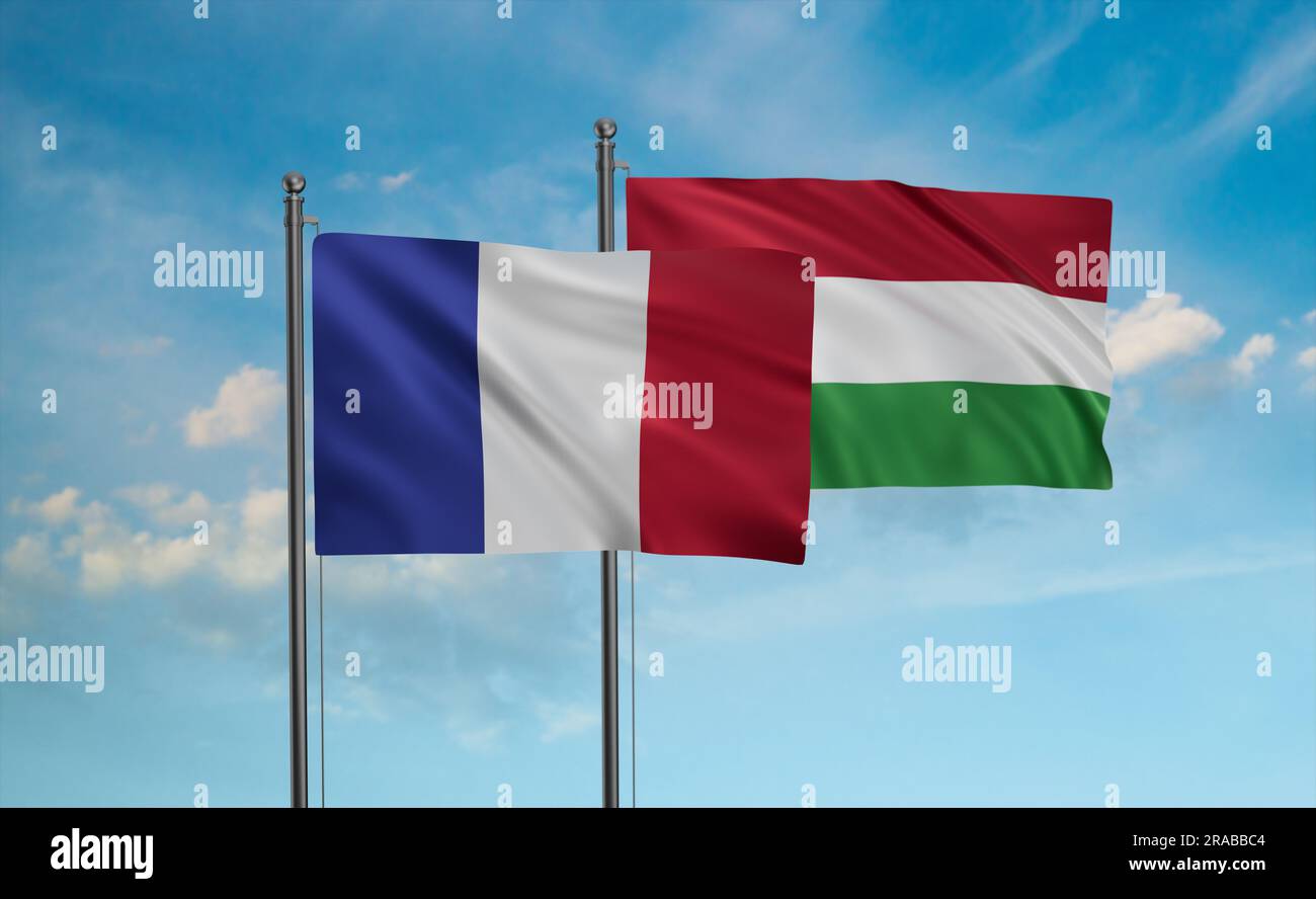 Hungary flag and France flag waving together on blue sky, two country ...