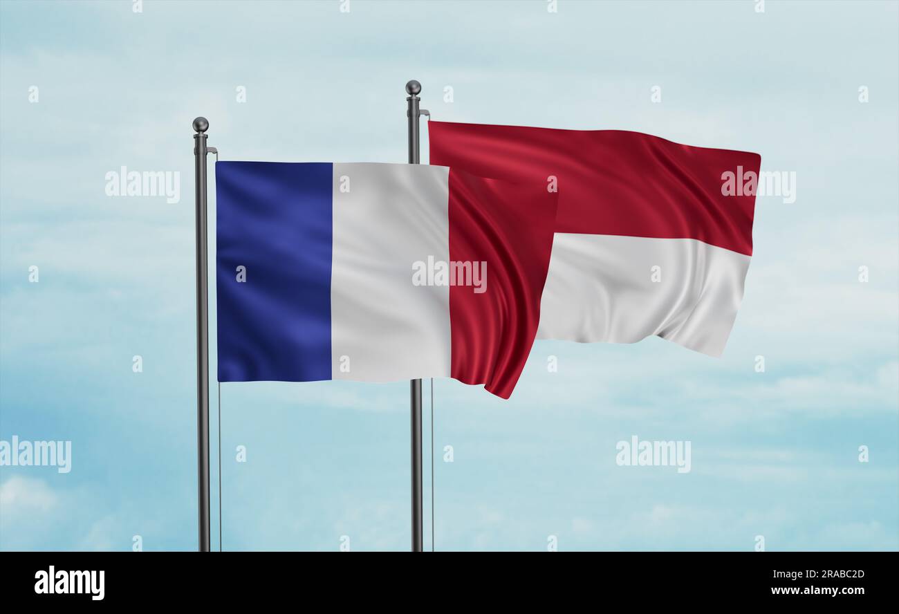 Indonesia flag and France flag waving together on blue sky, two country ...