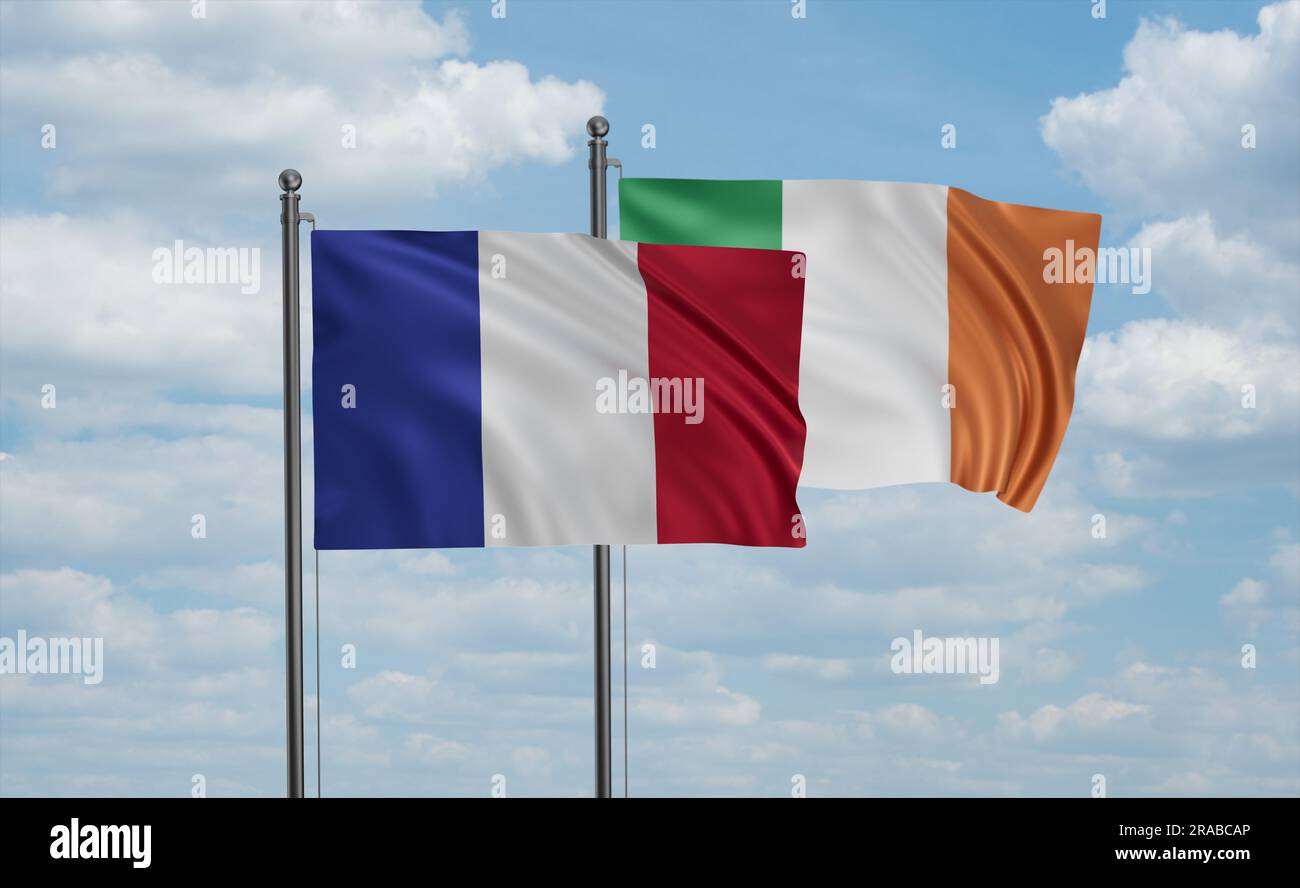 Ireland and France flag waving together in the wind on blue sky, two ...