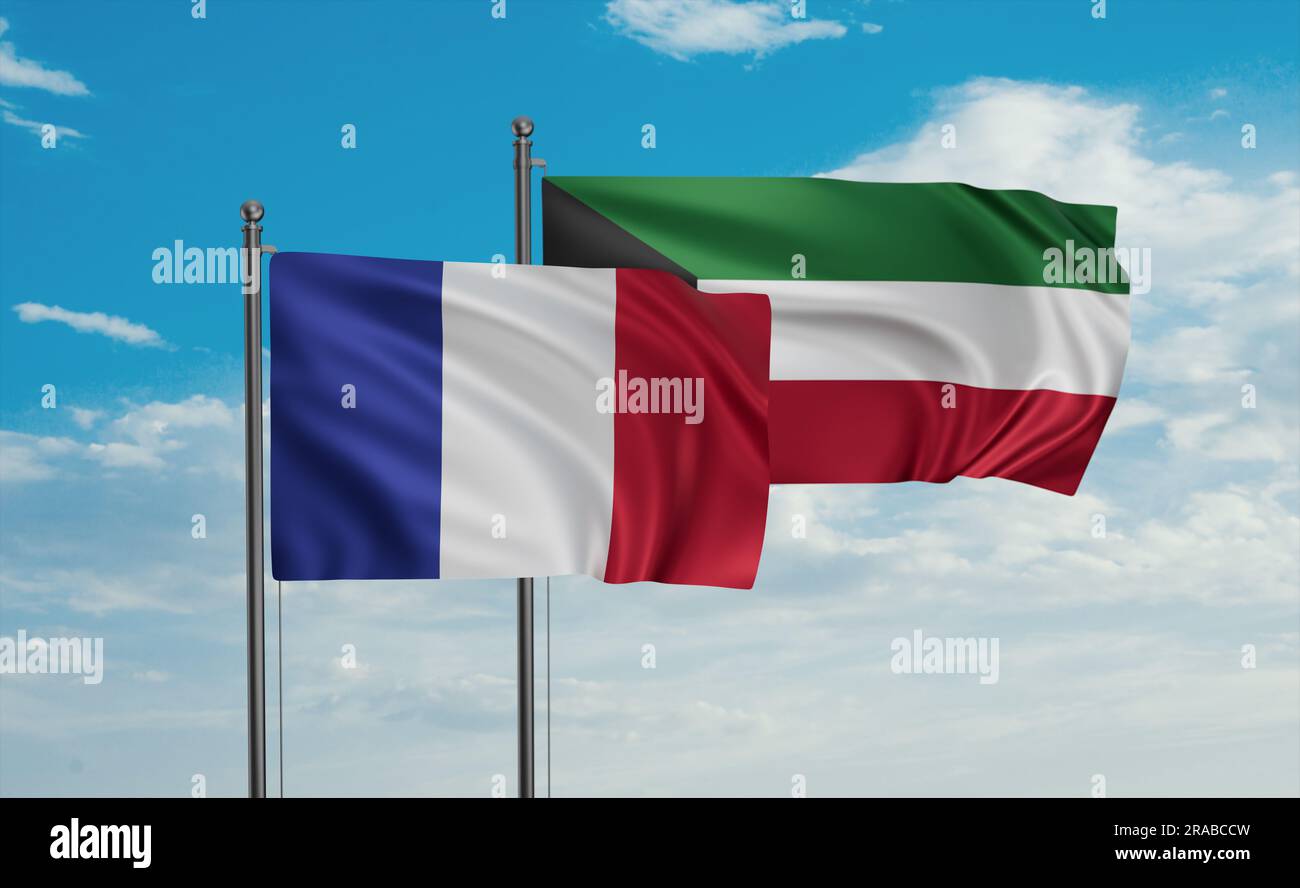 Kuwait and France flag waving together in the wind on blue sky, two ...