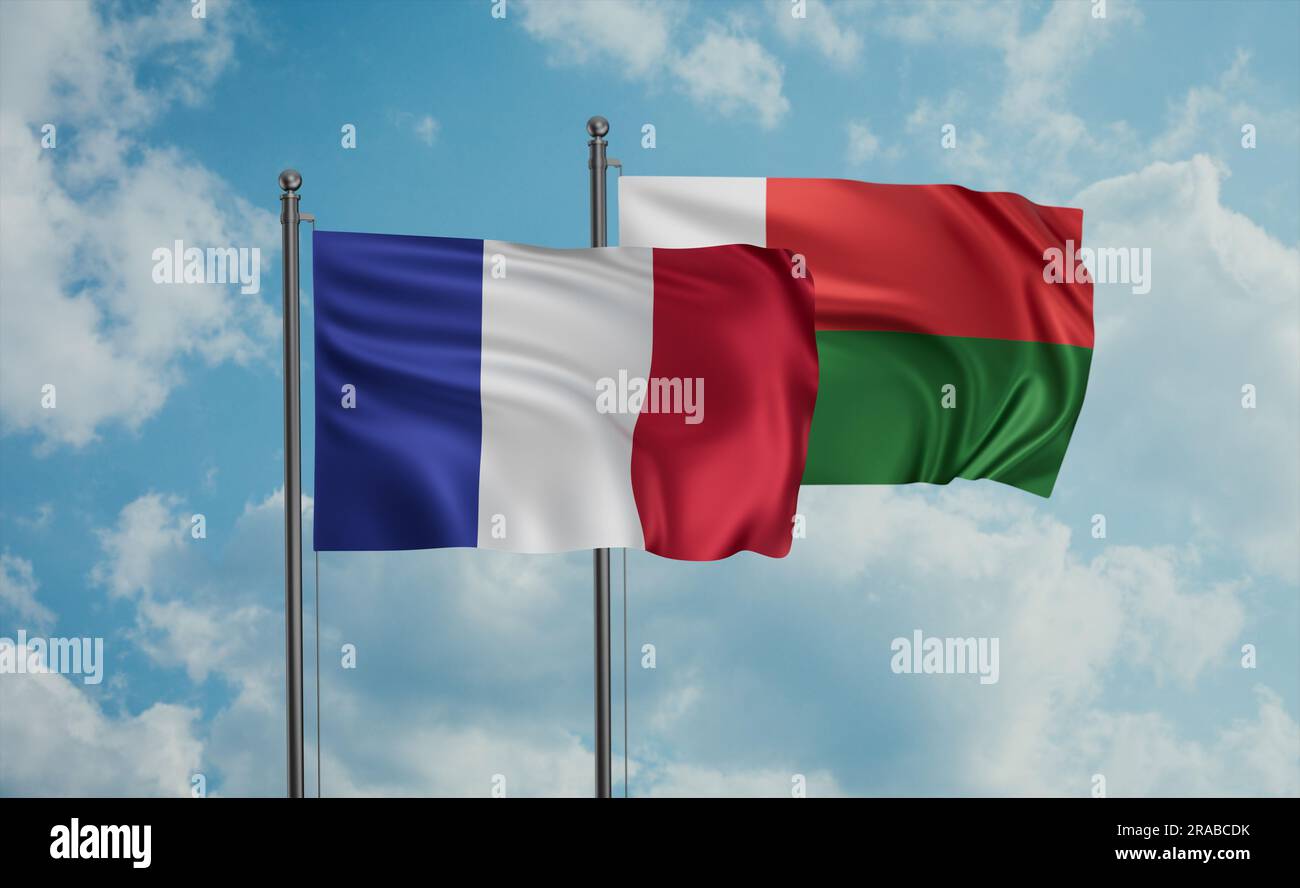 Madagascar flag and France flag waving together on blue sky, two country cooperation concept ...