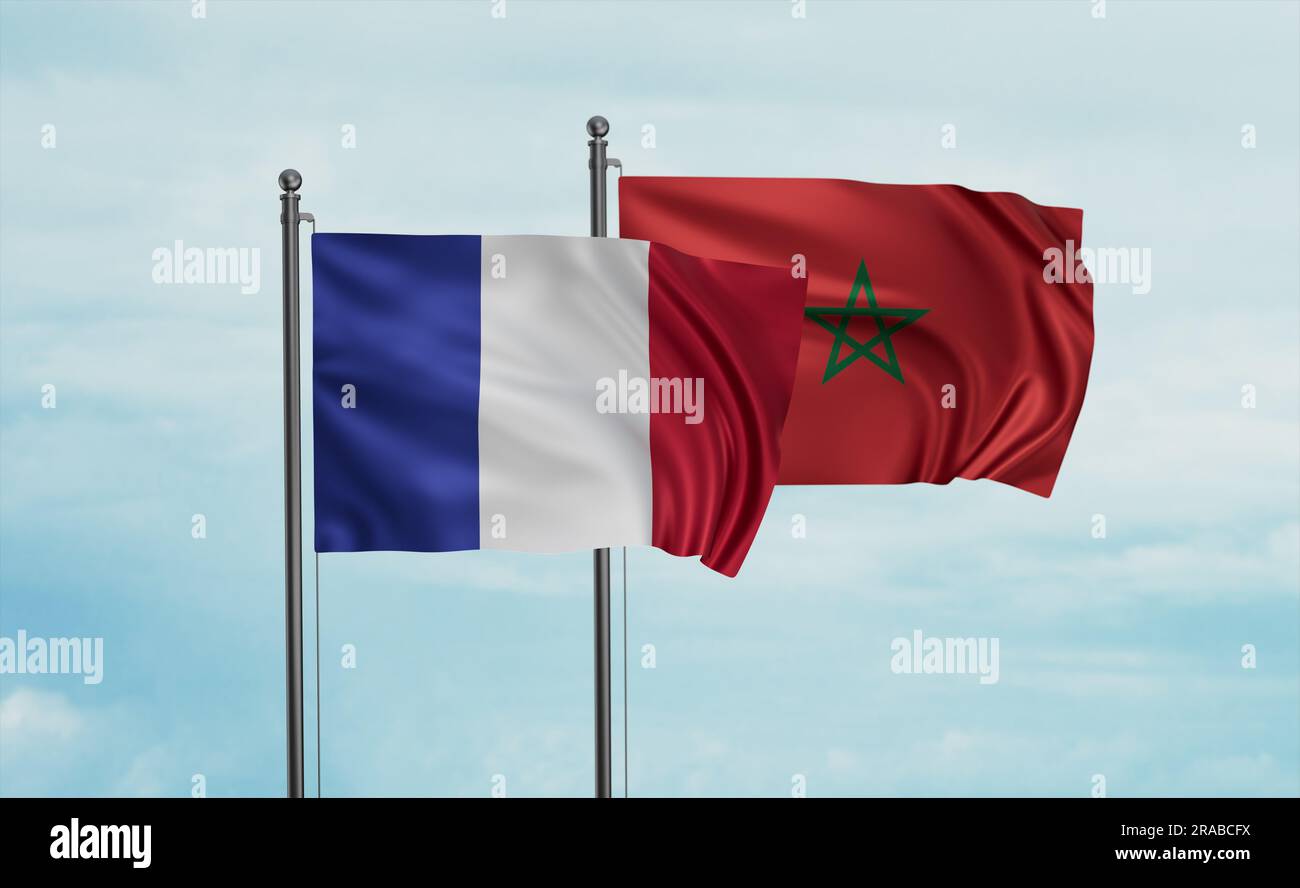 Morocco flag and France flag waving together on blue sky, two country ...