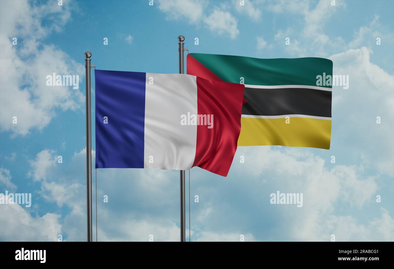 Namibia and France flag waving together in the wind on blue sky, two ...