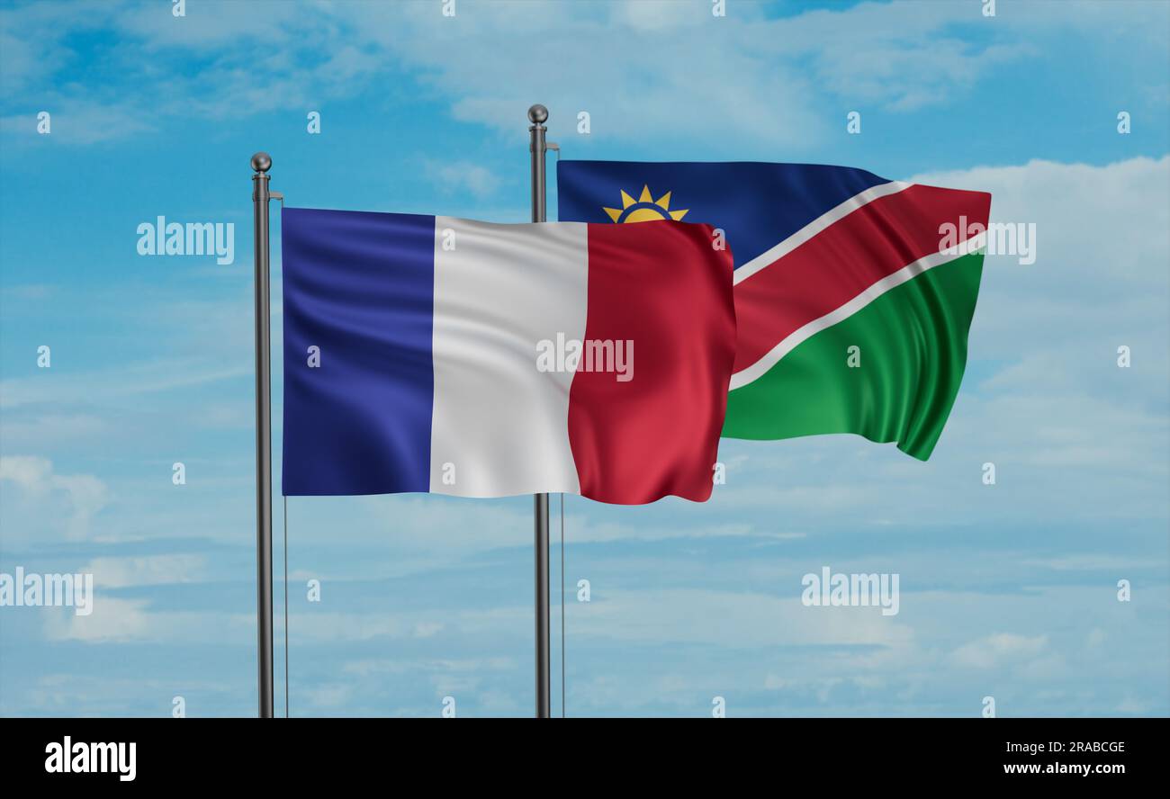 Namibia and France flag waving together in the wind on blue sky, two ...