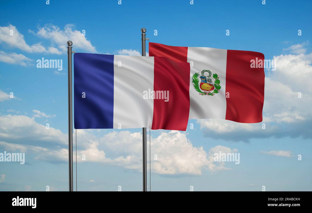Peru and France flag waving together in the wind on blue sky, two ...