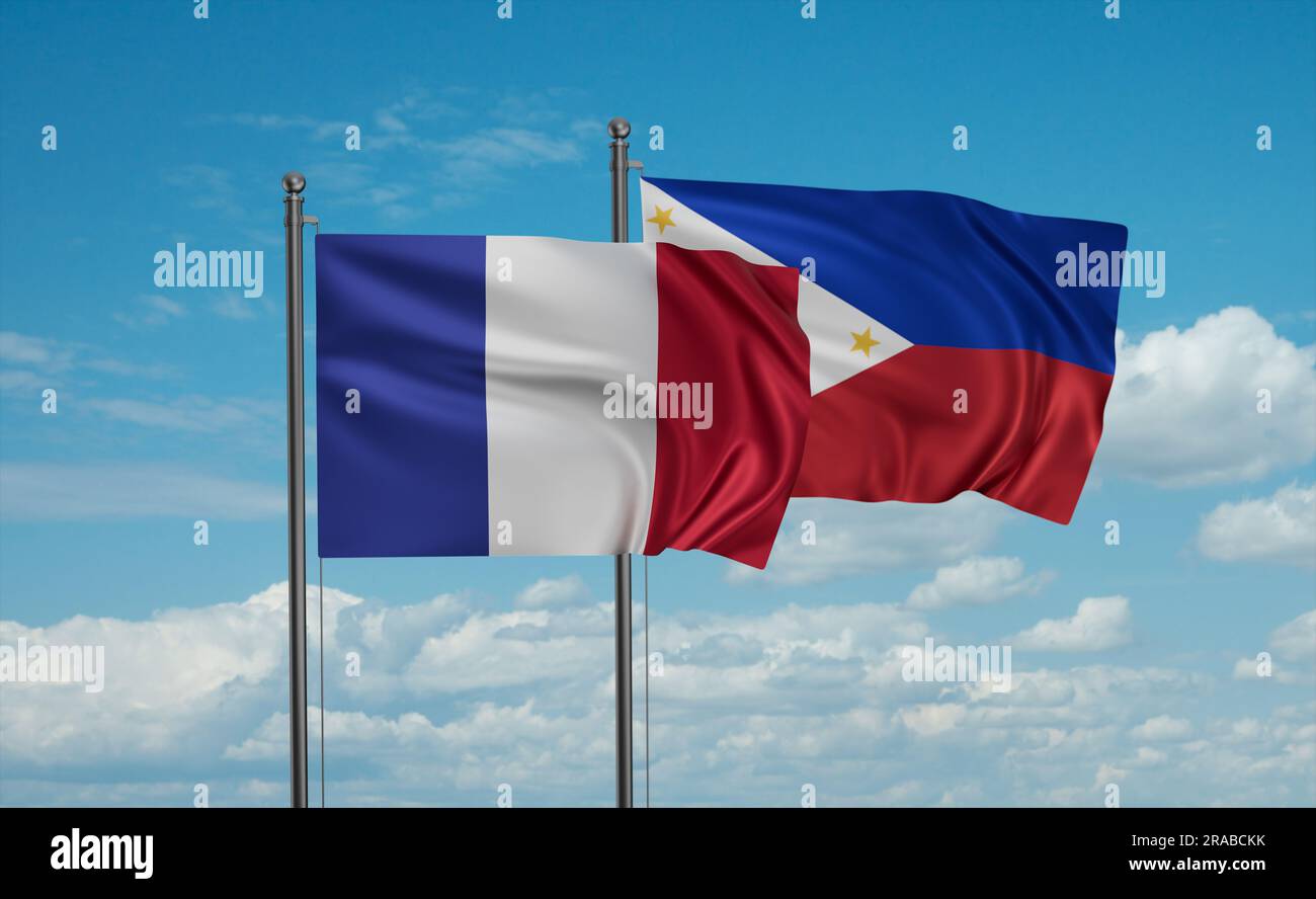 Philippines and France flag waving together in the wind on blue sky ...