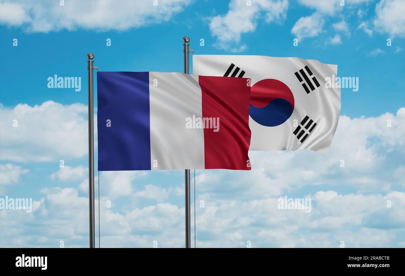 South Korea or Republic of Korea or ROK and France flag waving together ...