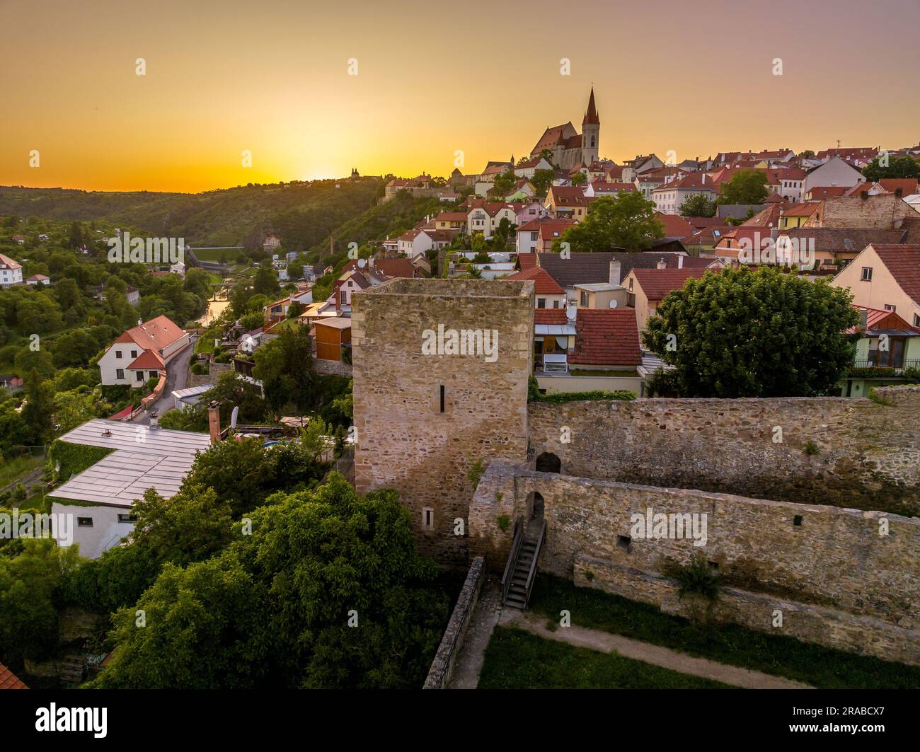 Aerial view of Znojmo walled medieval town in the winemaking region, St ...