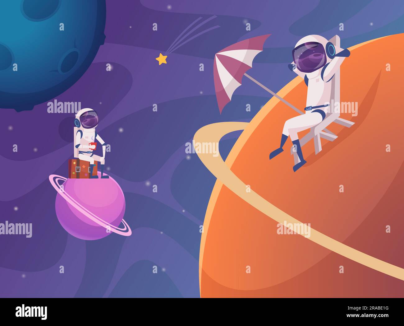Space travellers. Astronaut walking and relaxing on different moon ...