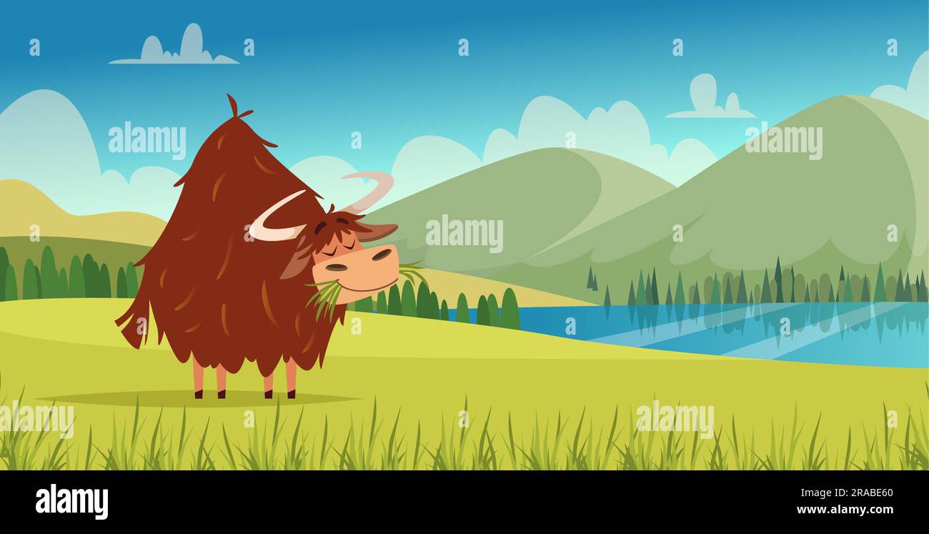 Yak outdoor. Cartoon background with wild yak bull walking exact vector ...