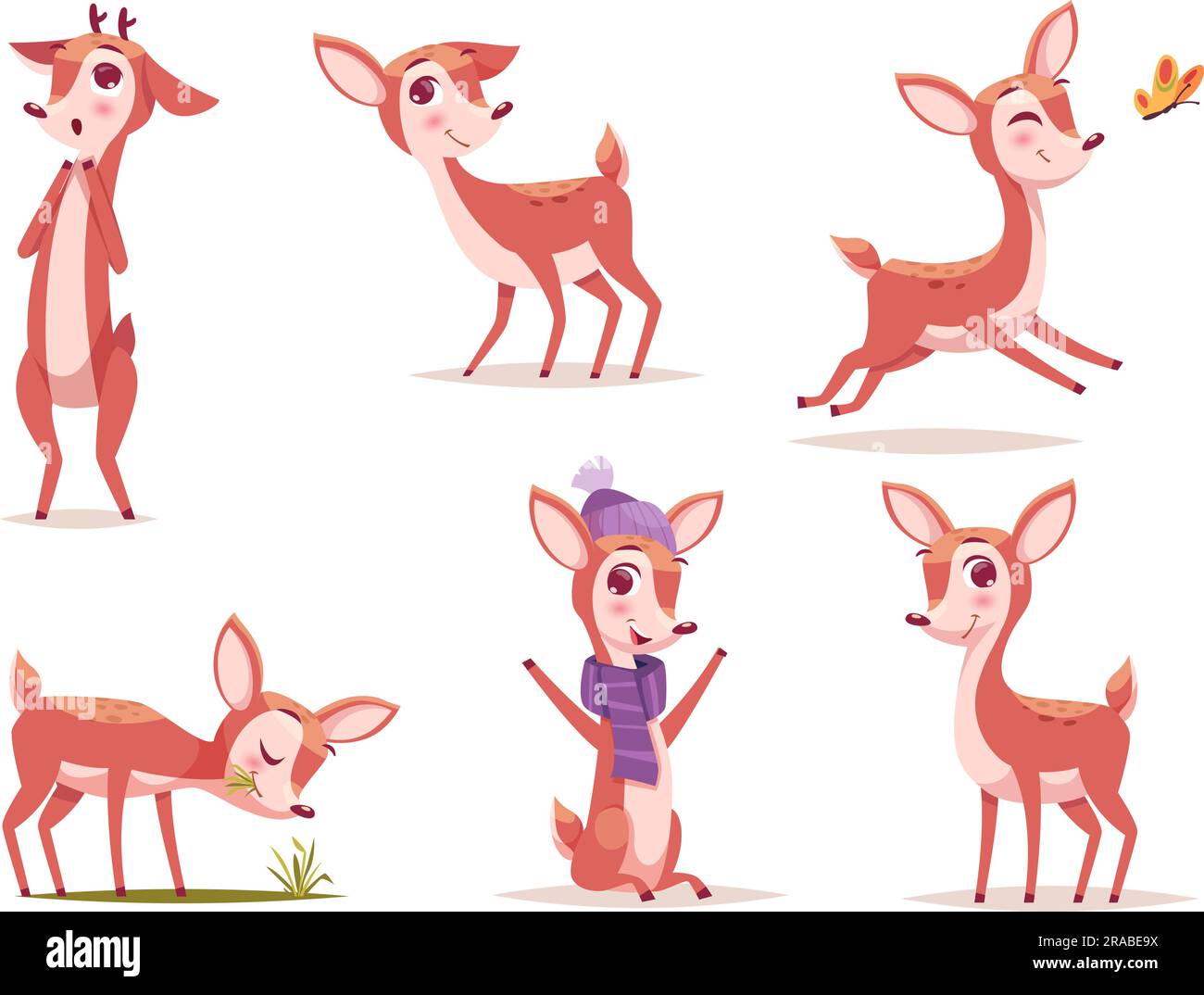Baby deer. Wild cute forest animal in action poses standing sitting ...