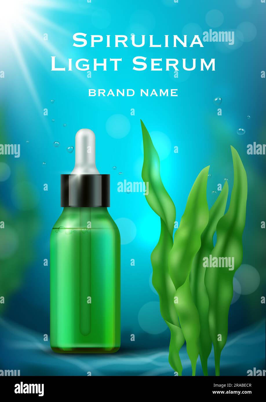Seaweed poster. Spirulina realistic picture for ads placard with place ...