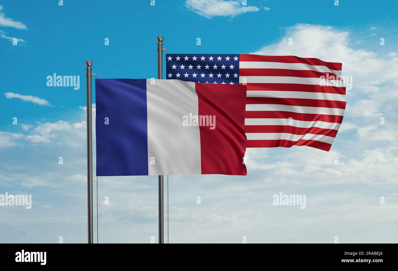 USA and France flag waving together in the wind on blue sky, two ...