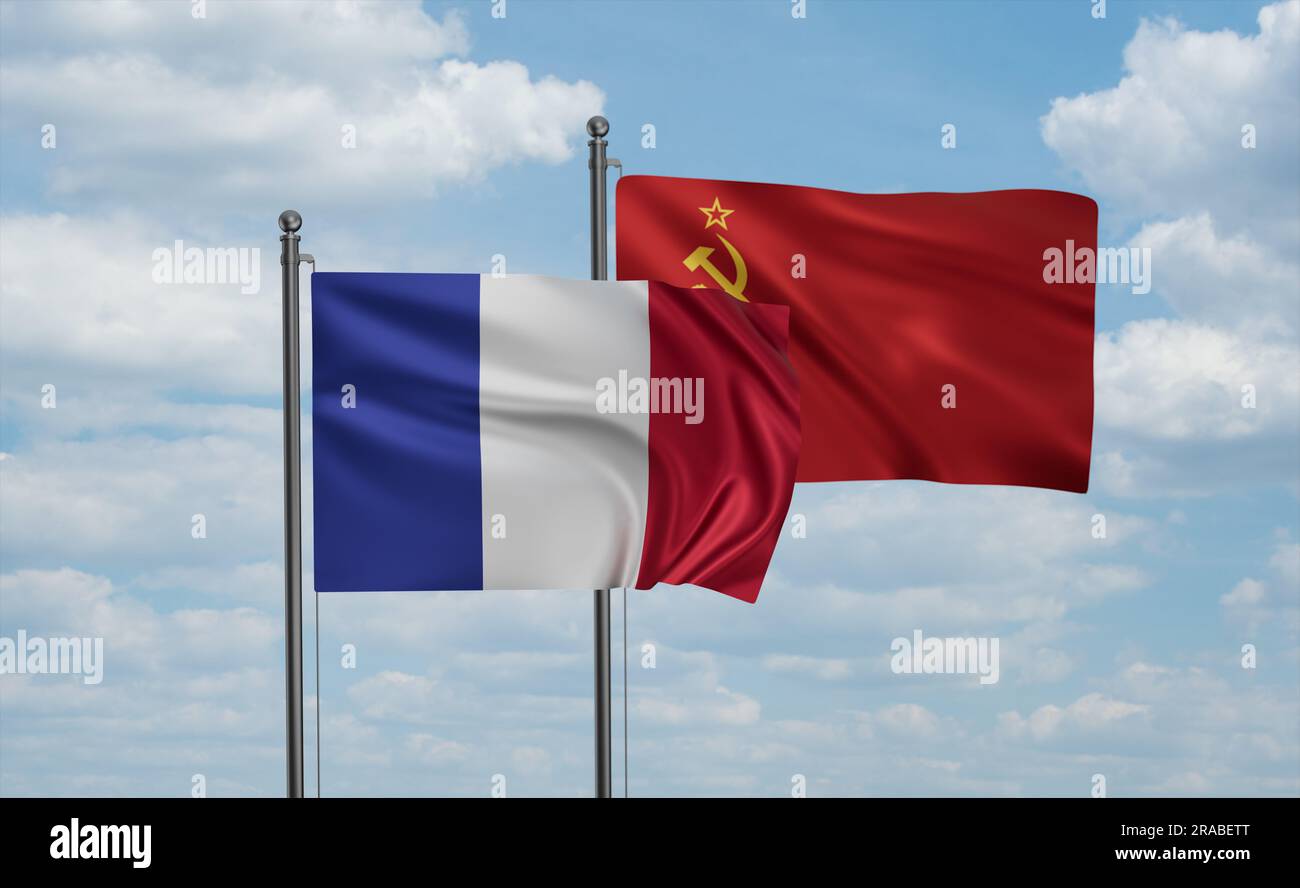 Soviet Union or USSR and France flag waving together in the wind on ...