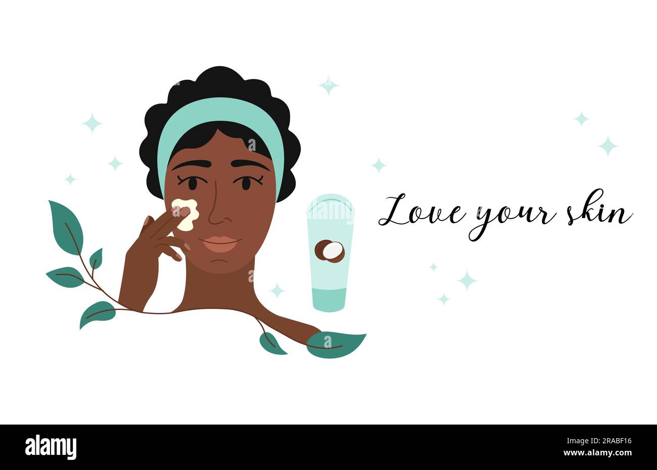 Love your skin. Skincare card, poster, banner with text. Woman applying ...