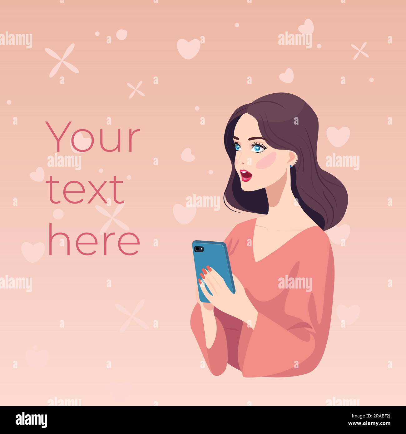 A shocked banner stares into her smartphone. A portrait of a woman ...