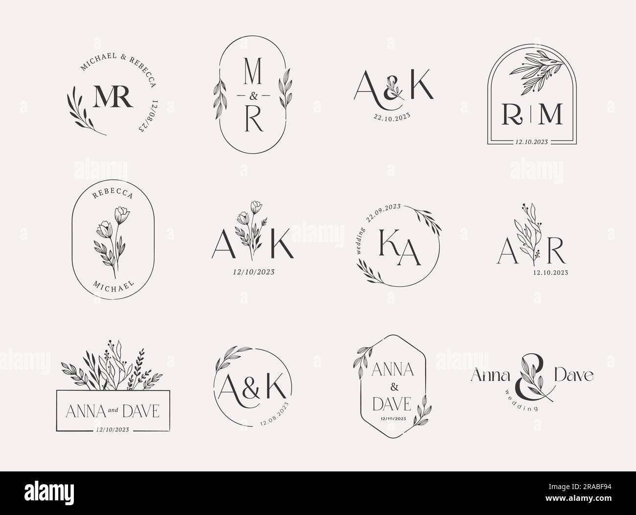 Wedding logos, hand drawn elegant, delicate and minimalist monogram ...