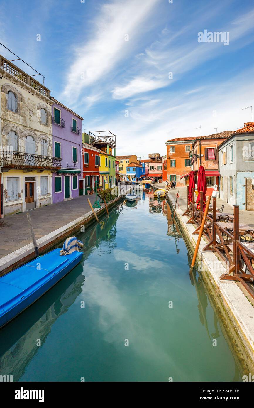 The canal with colorful houses on The Burano island near Venice, Italy, Europe Stock Photo - Alamy