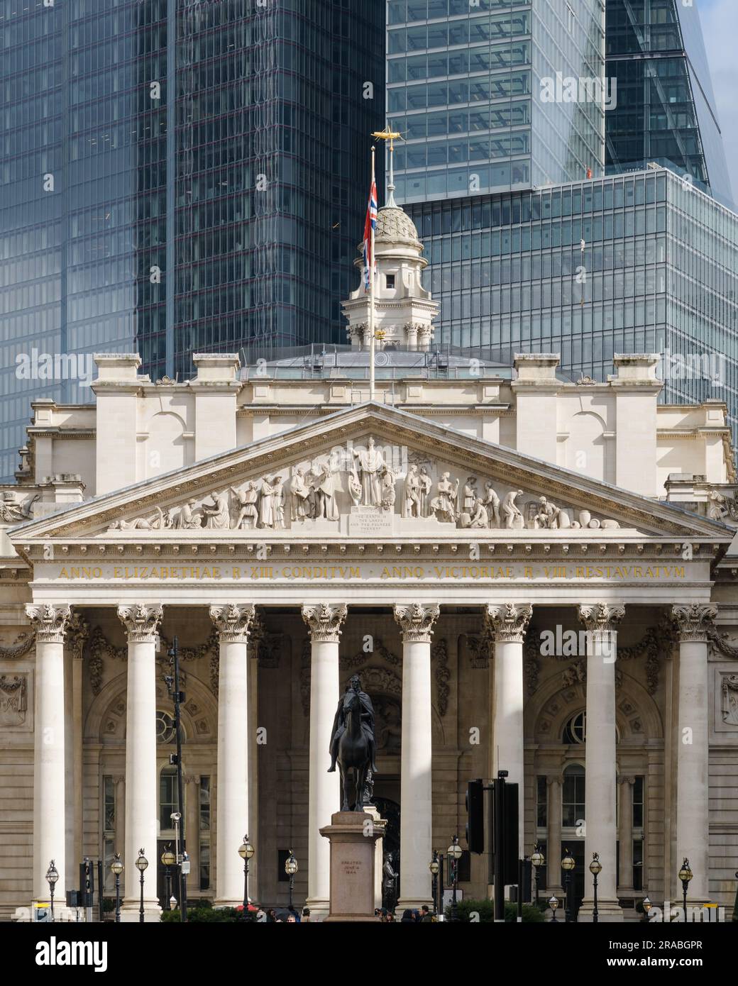 London, UK - March 18, 2023; The Royal Exchange facade in front of ...