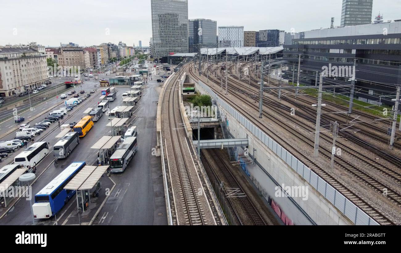 Vienna central station (railway station) in right in distance and bus ...