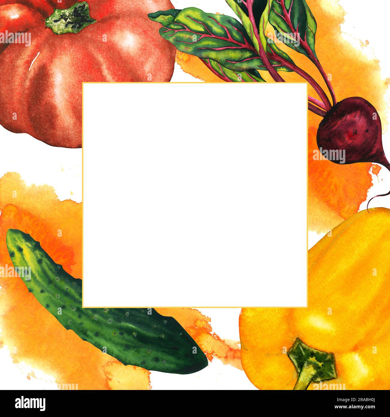Watercolor vegetables square frame with hand drawn bell paper, paprika ...
