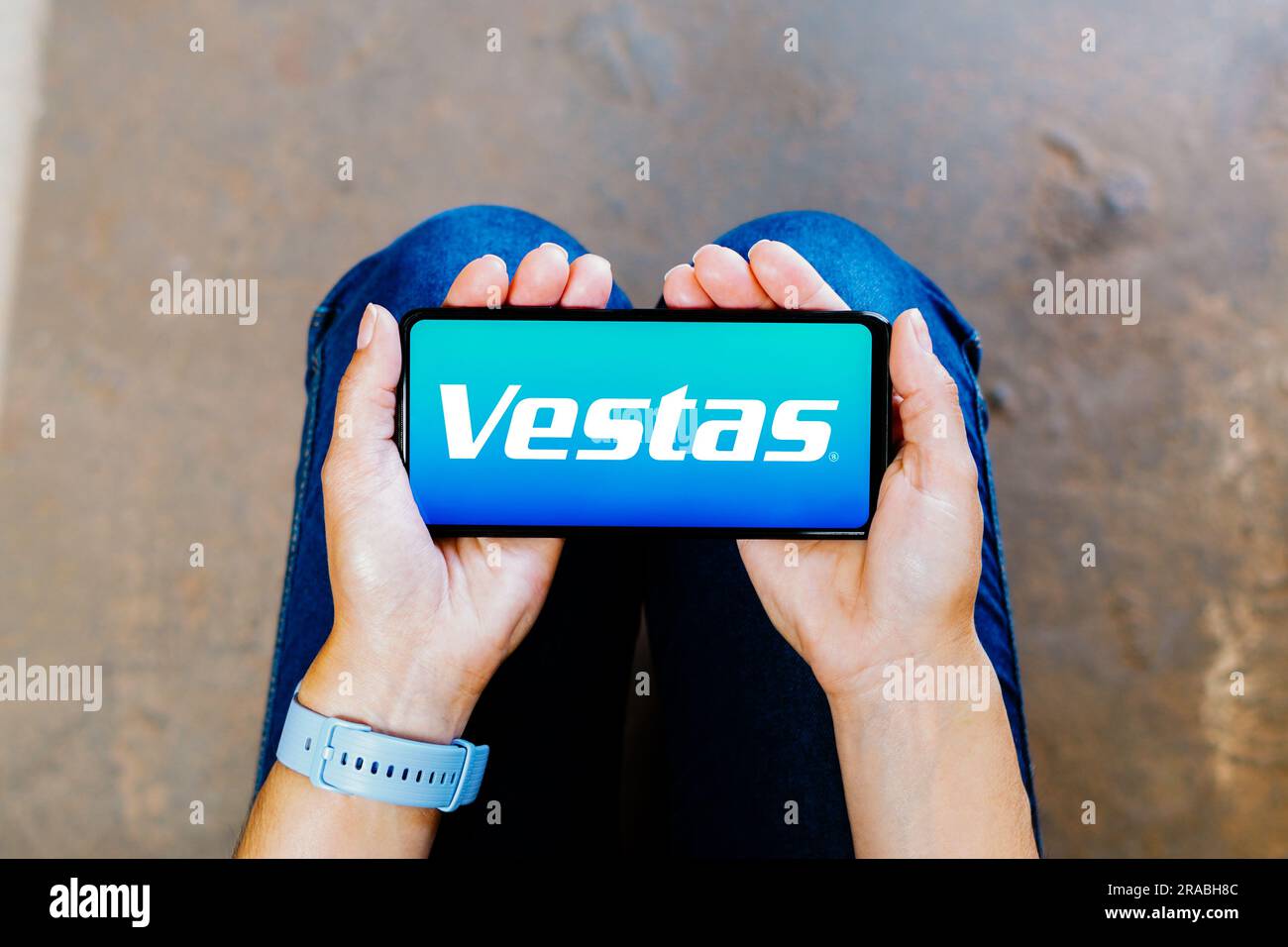 In this photo illustration, the Vestas logo is displayed on a ...