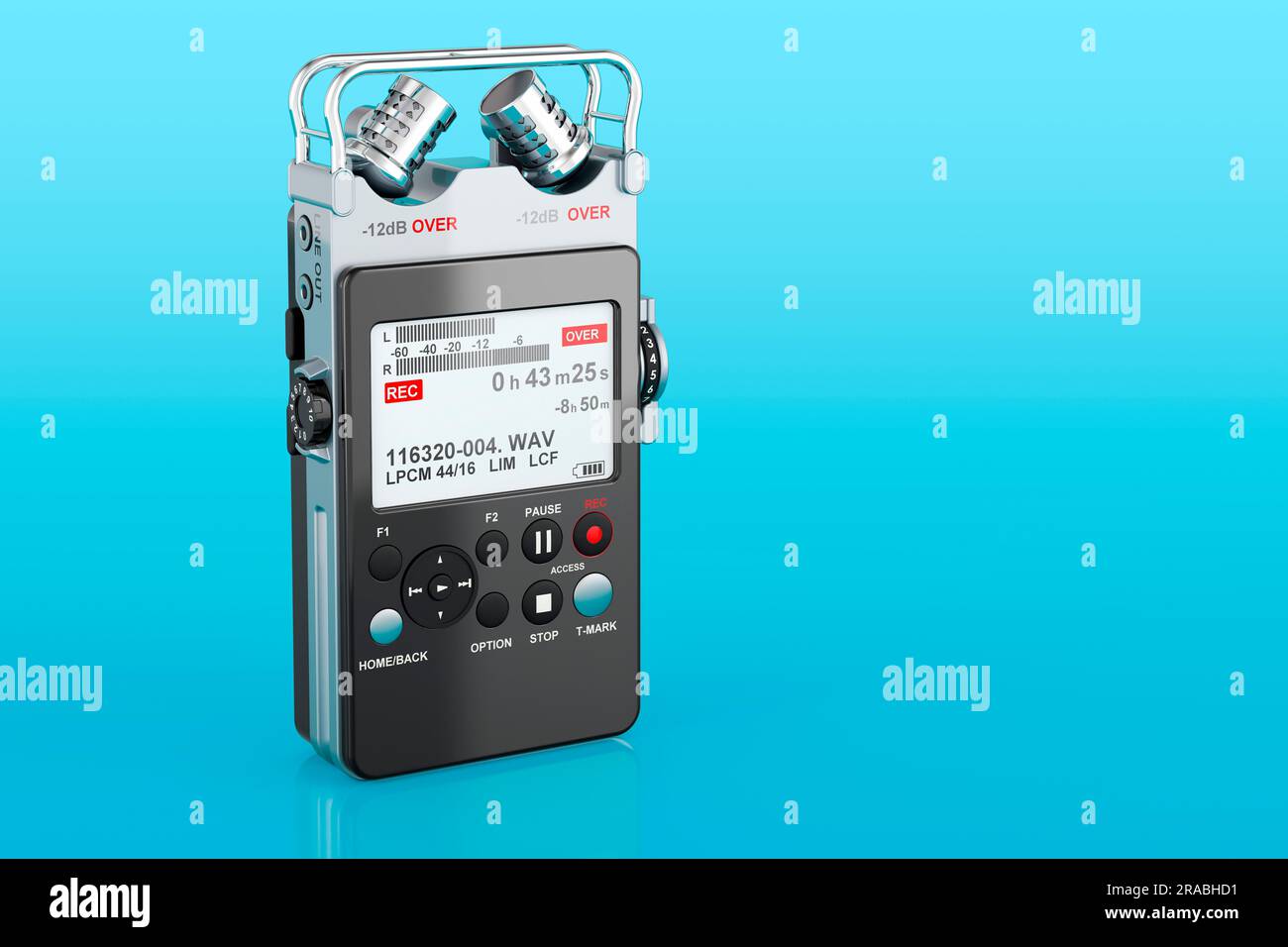 Modern digital voice recorder, dictaphone on blue background. 3D ...