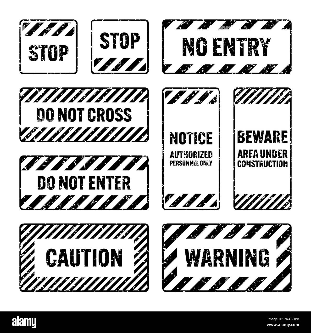 Various black grunge warning signs with diagonal lines. Old attention ...