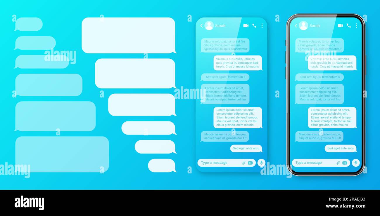 Realistic smartphone with messaging app on colorful blue background ...