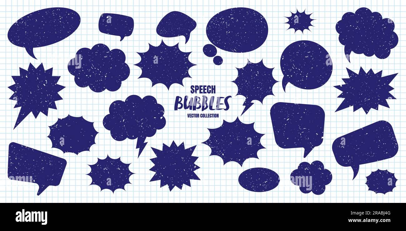 Hand drawn comic speech bubbles on checkered paper sheet. School ...