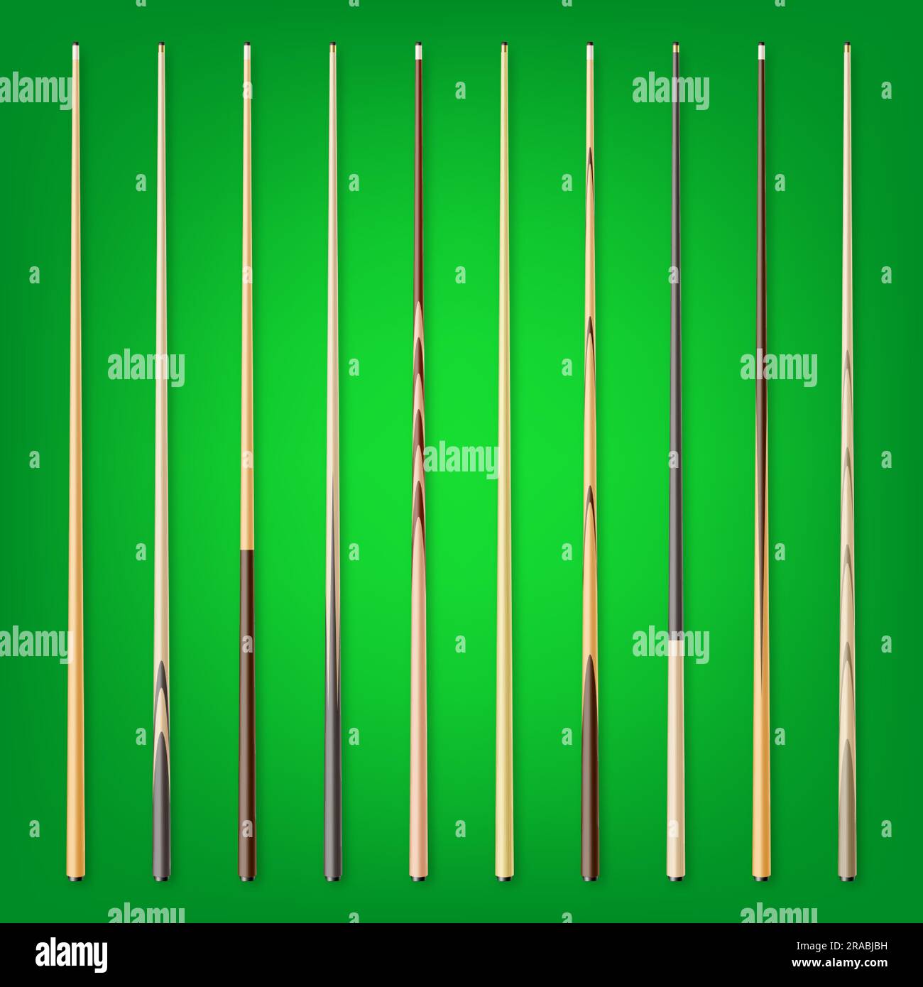 Various wooden billiard cues on green background. Snooker sports ...
