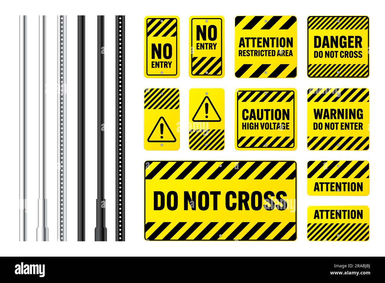 Warning, danger signs, attention banners with metal poles. Yellow ...