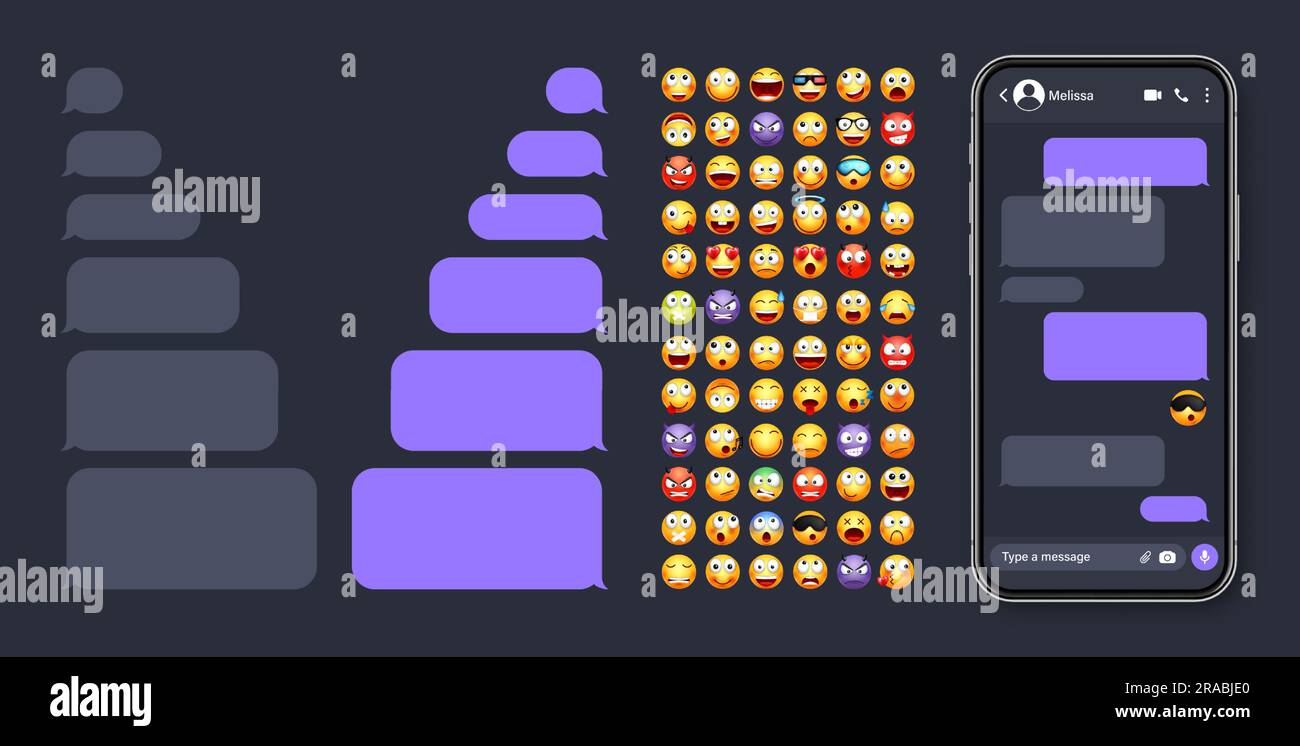 Smartphone messaging app, user interface with emoji. SMS text frame ...