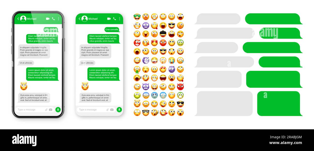 Smartphone messaging app, user interface design with emoji. SMS text ...